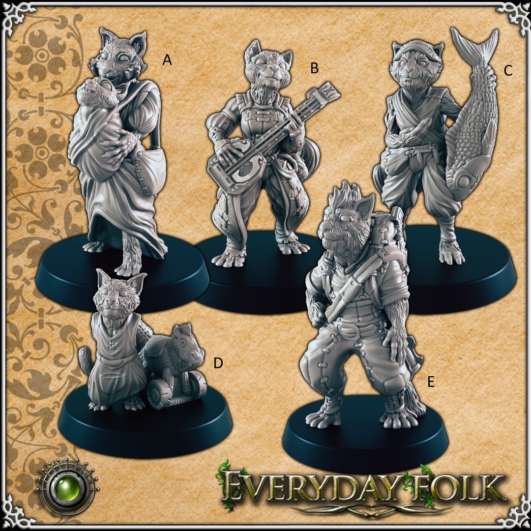 Catfolk Commoners Mini Set - EC3D, Dnd | Townsfolk | Commoner | Animal ...