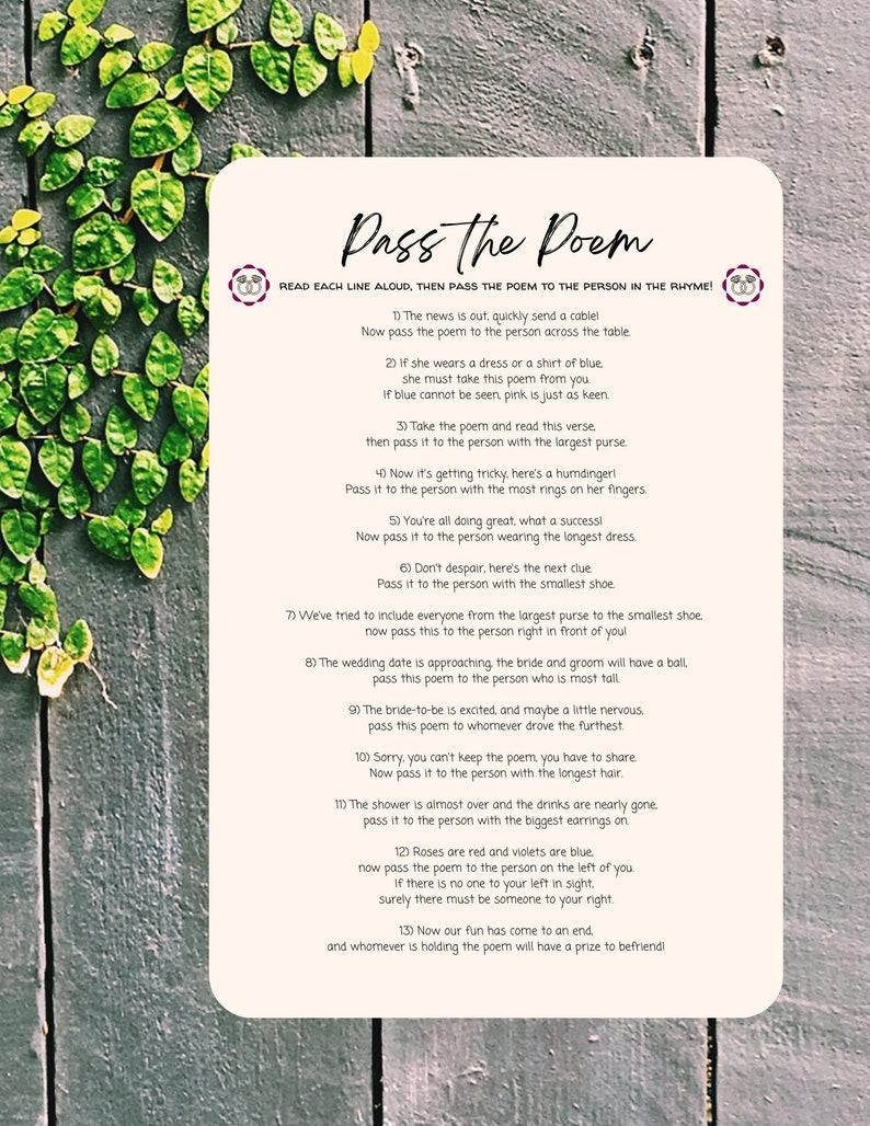 Pass the Poem, Bridal Shower Games, Rhyme Game, Printable Digital Games ...