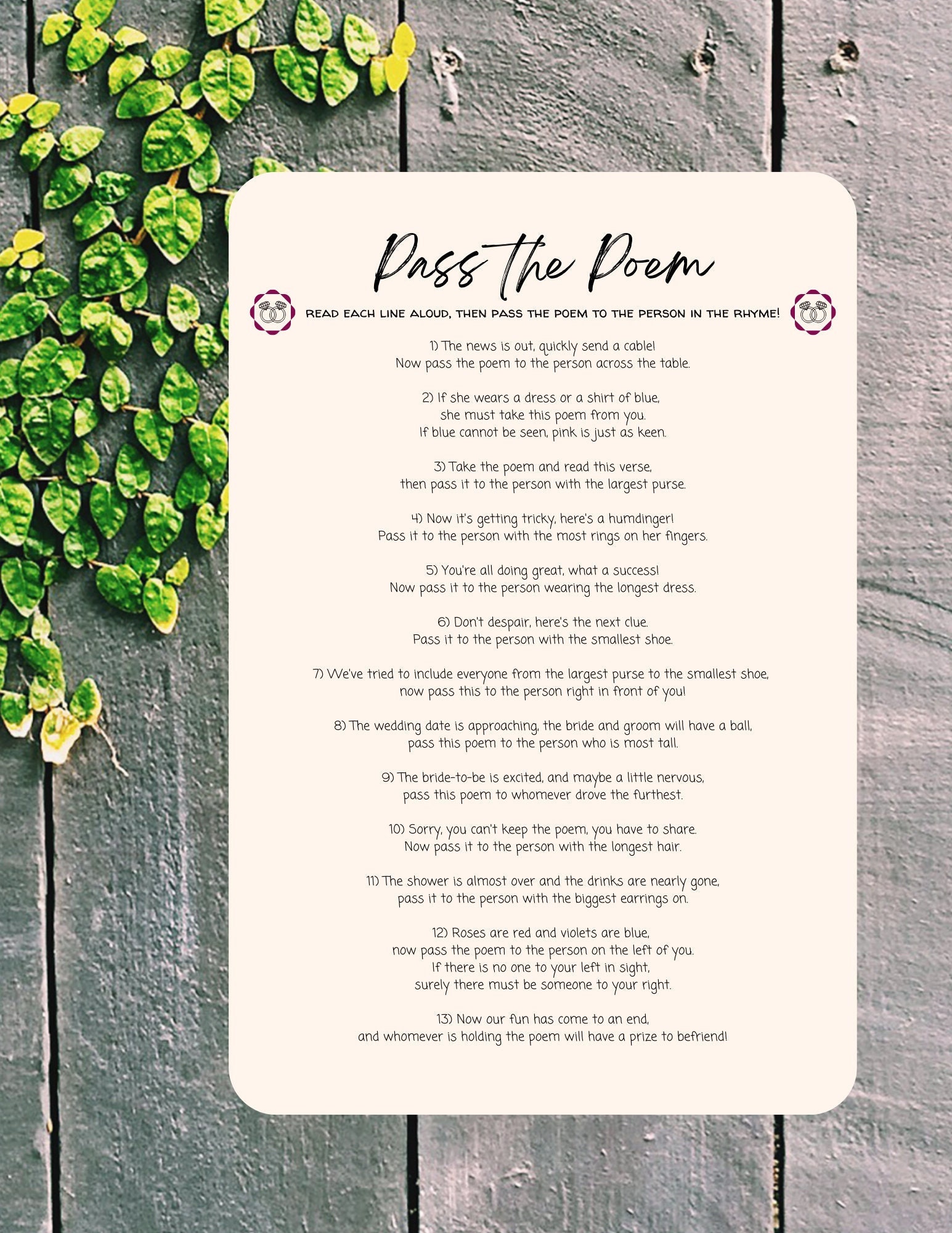 Pass the Poem, Bridal Shower Games, Rhyme Game, Printable Digital Games ...