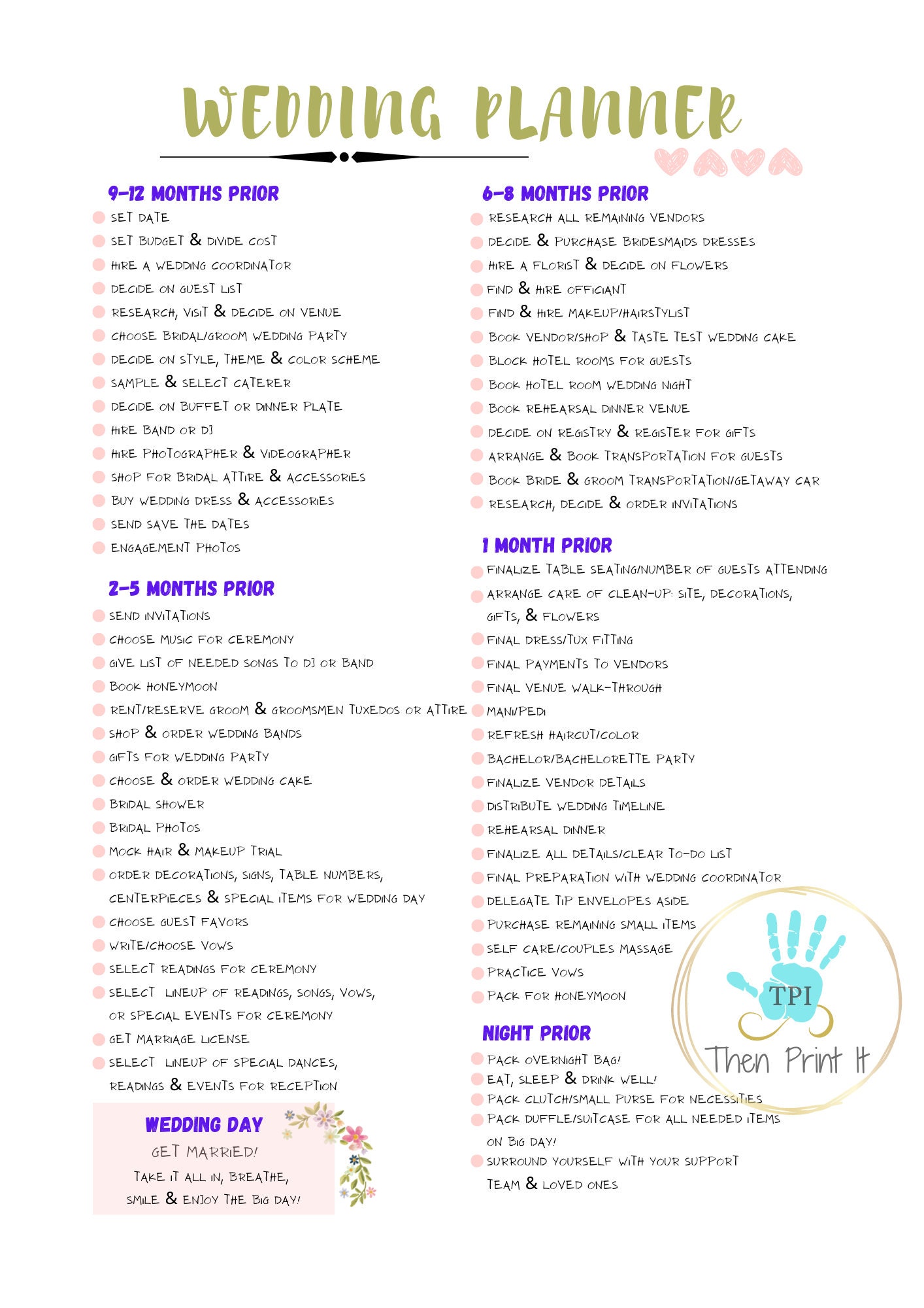 12 Month Countdown Wedding Checklist, Wedding To-do List, Monthly ...