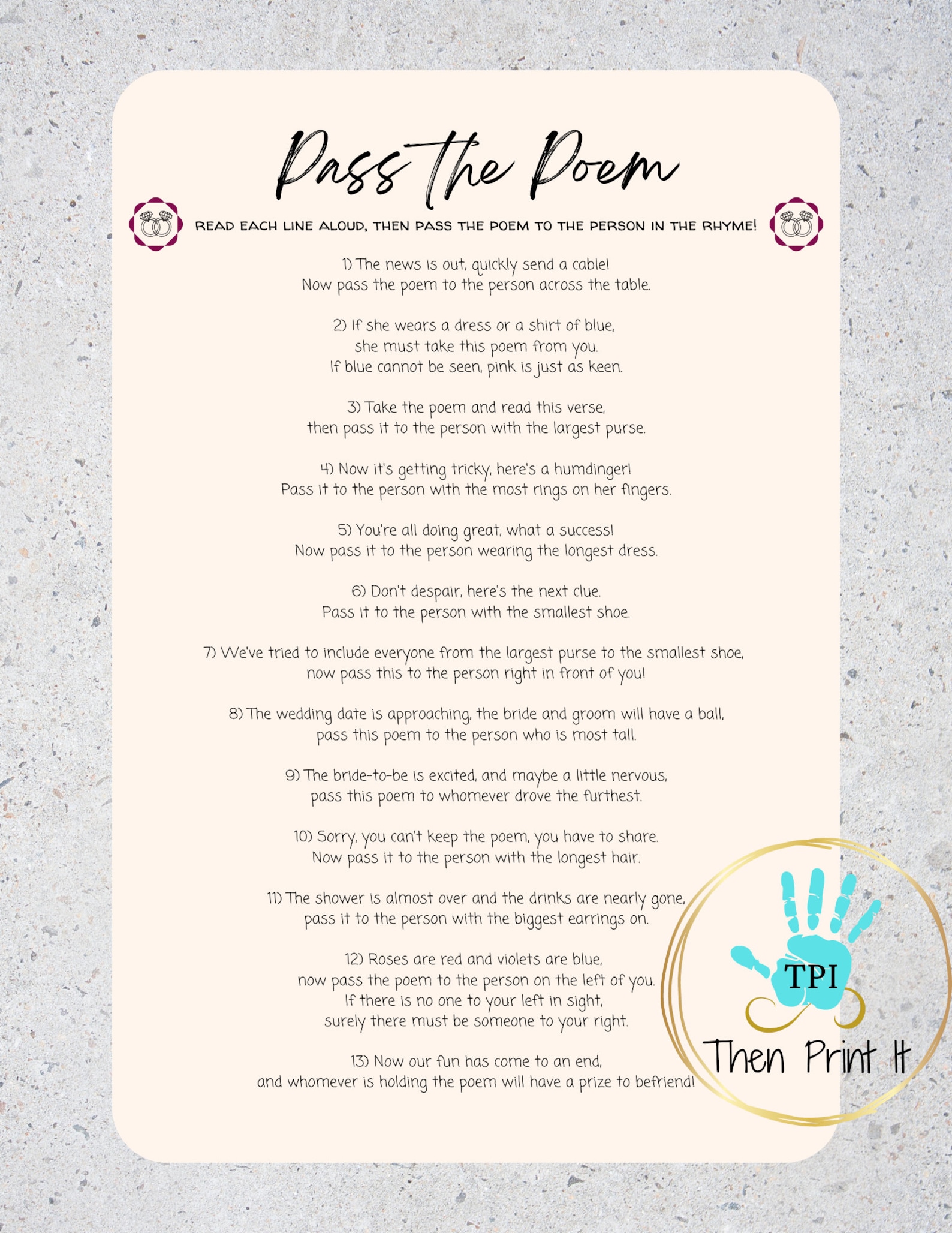 Pass the Poem, Bridal Shower Games, Rhyme Game, Printable Digital Games ...