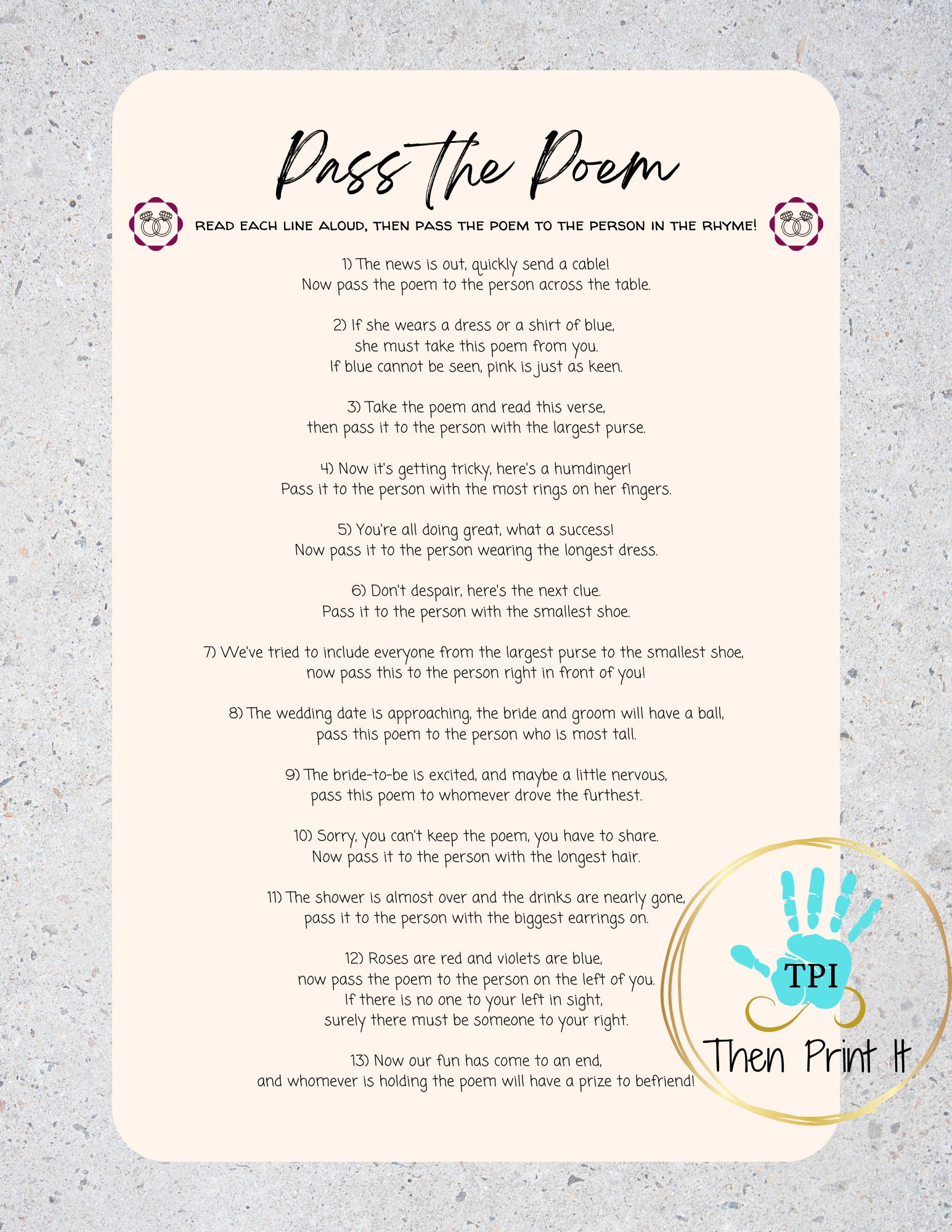 Pass the Poem, Bridal Shower Games, Rhyme Game, Printable Digital Games ...