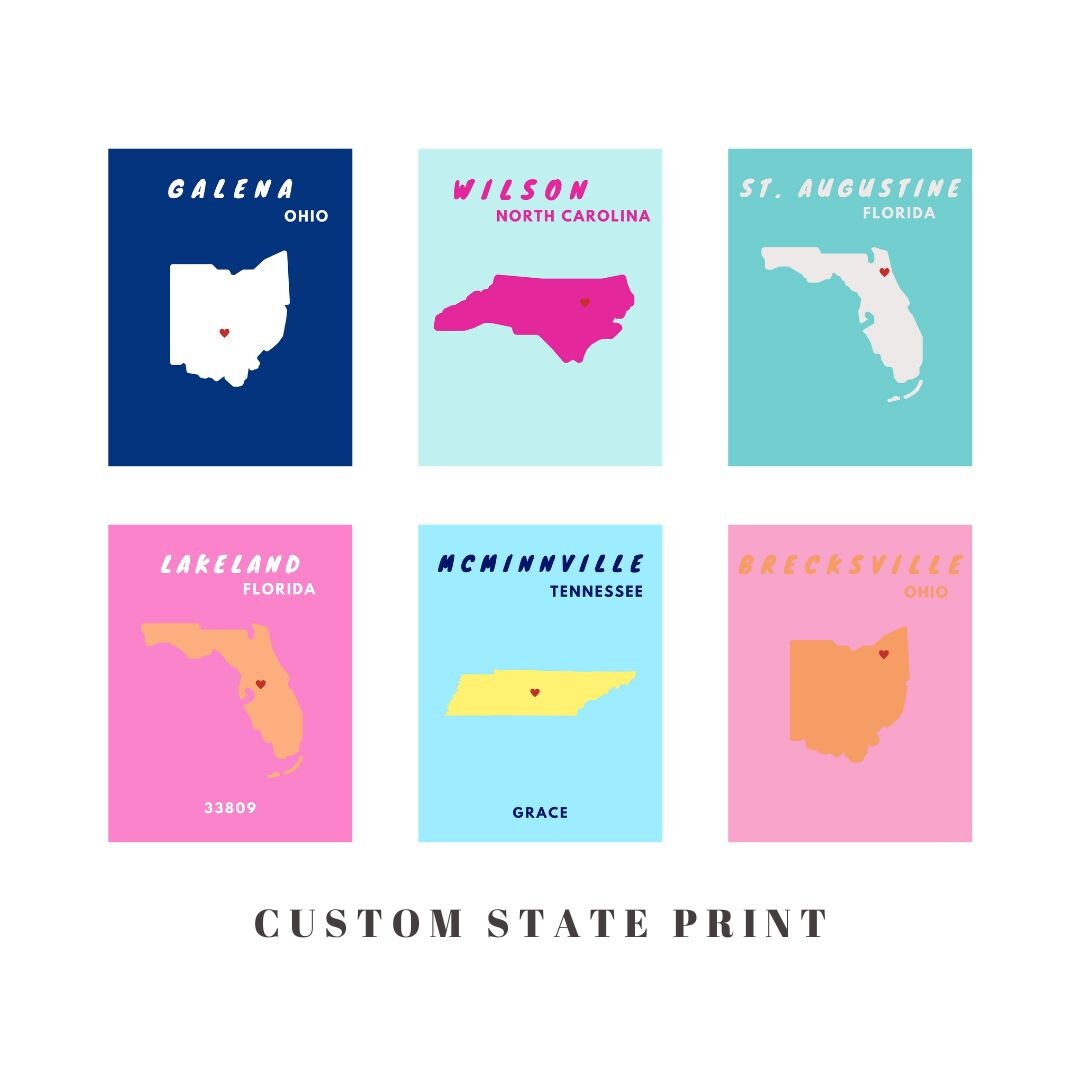 Custom State Preppy Posters Digital Print Trendy Wall Decor College Town Digital Print Hometown