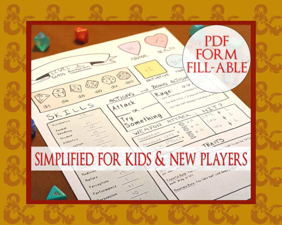 Simplified D&D Character Sheets ⋄ Kid-friendly ⋄ Color-coded ⋄ PDF Form ...