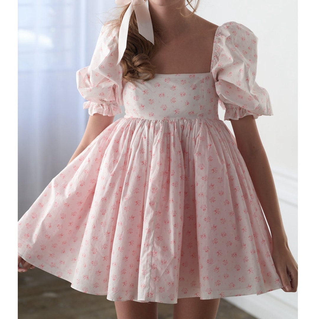 Baby Pink Floral Print Cute Babydoll Dress Square Collar Puff Sleeve ...