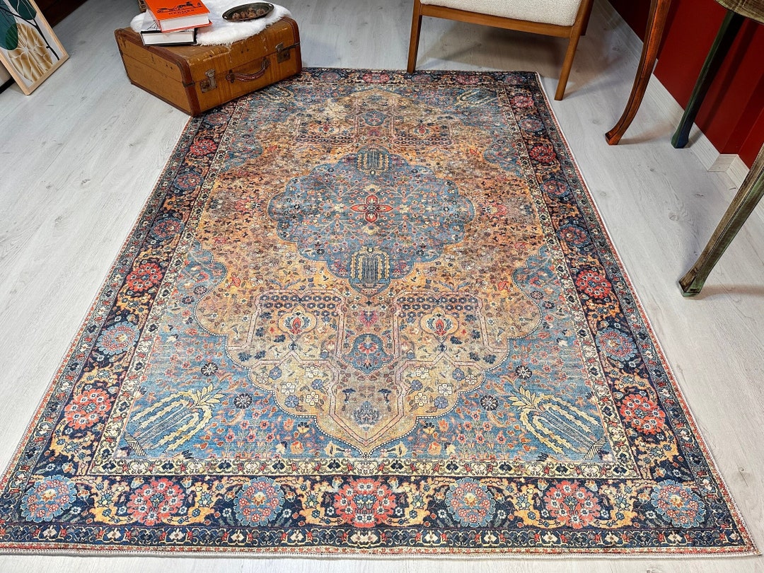 Turkish Blue Rug for Living Room, Medallion Rug, Vintage Style Area Rug ...