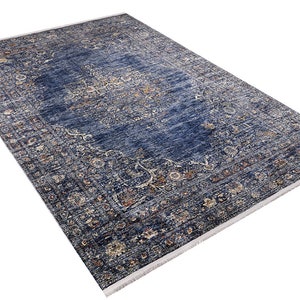 Blue Vintage Style Rug, Blue Rug for Living Room, Distressed Faded Area ...