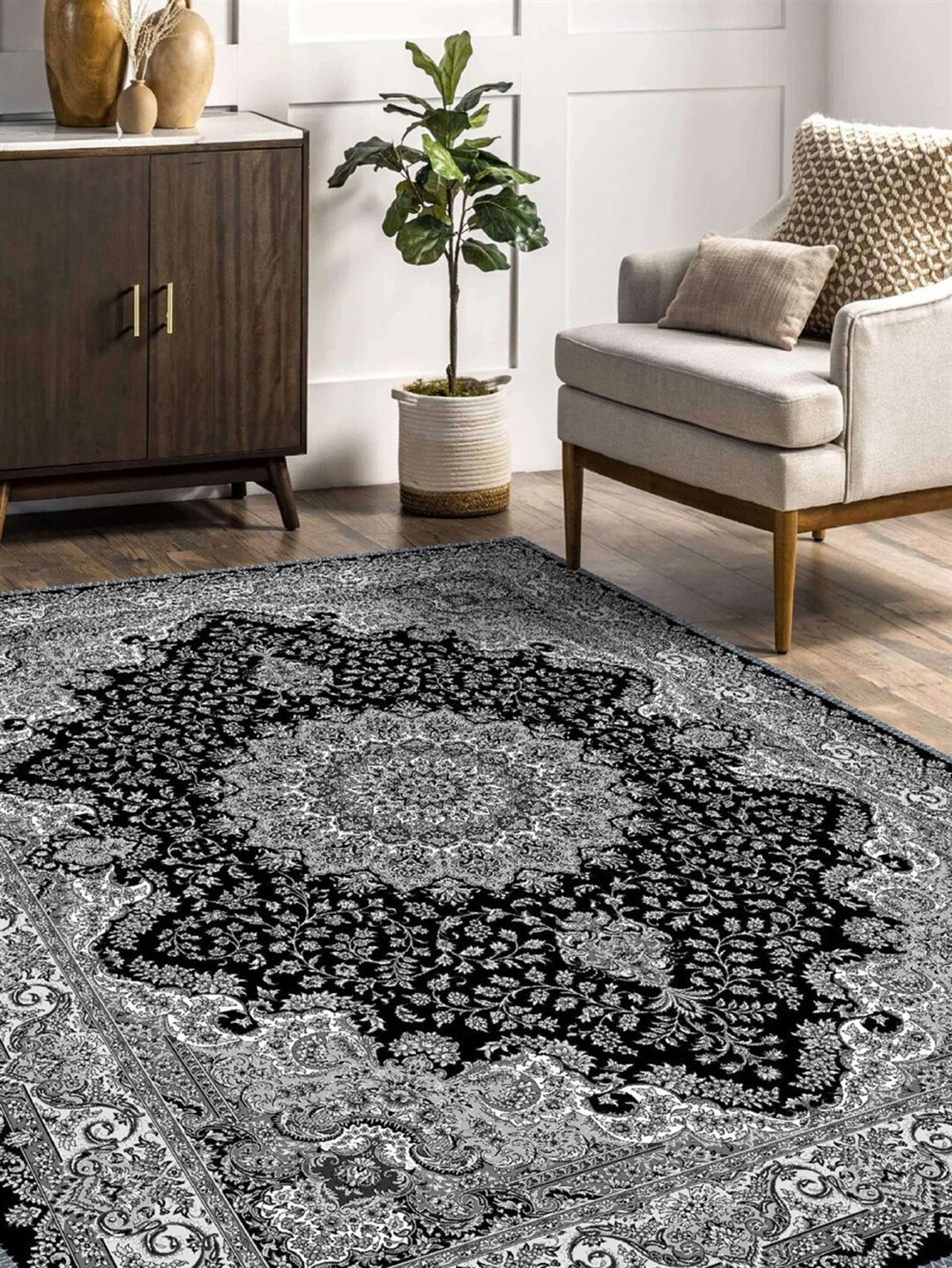 Black Rug for Living Room, Persian Style Medallion Rug, High Quality ...