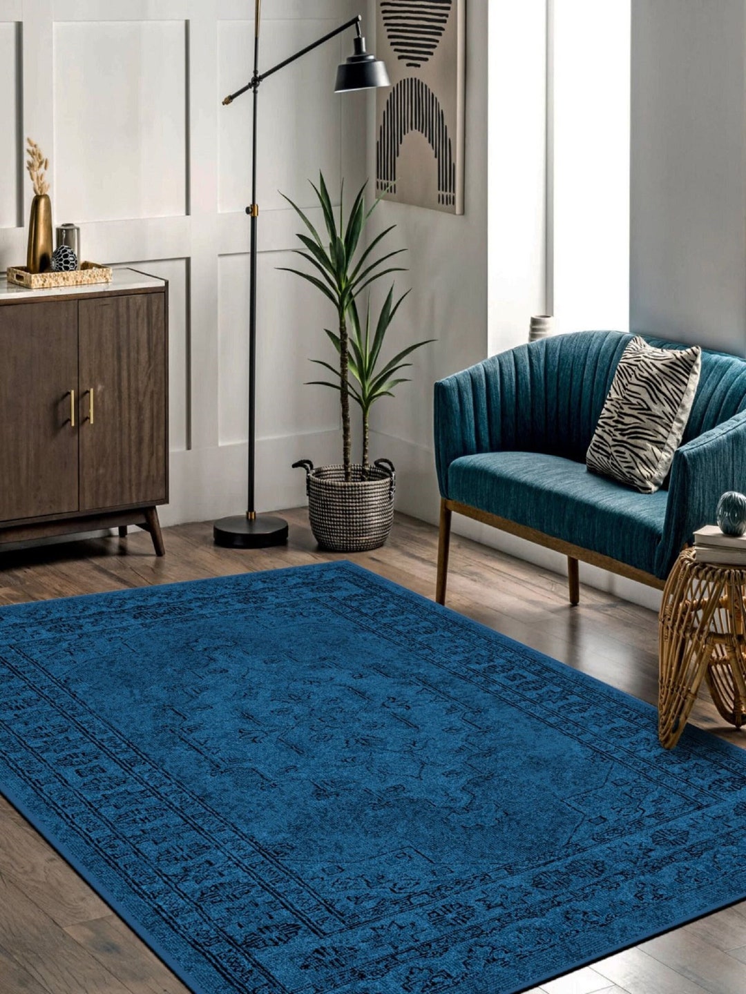 Aesthetic Traditional Blue Turkish Rug, Vintage Style Bedroom Living ...