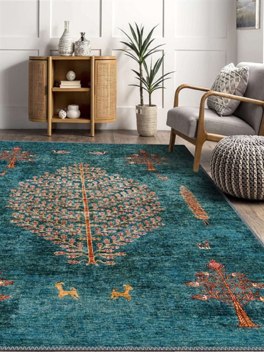 Green Rug for Living Room, Tree Patterned Rug, Oriental Oversize Rug ...