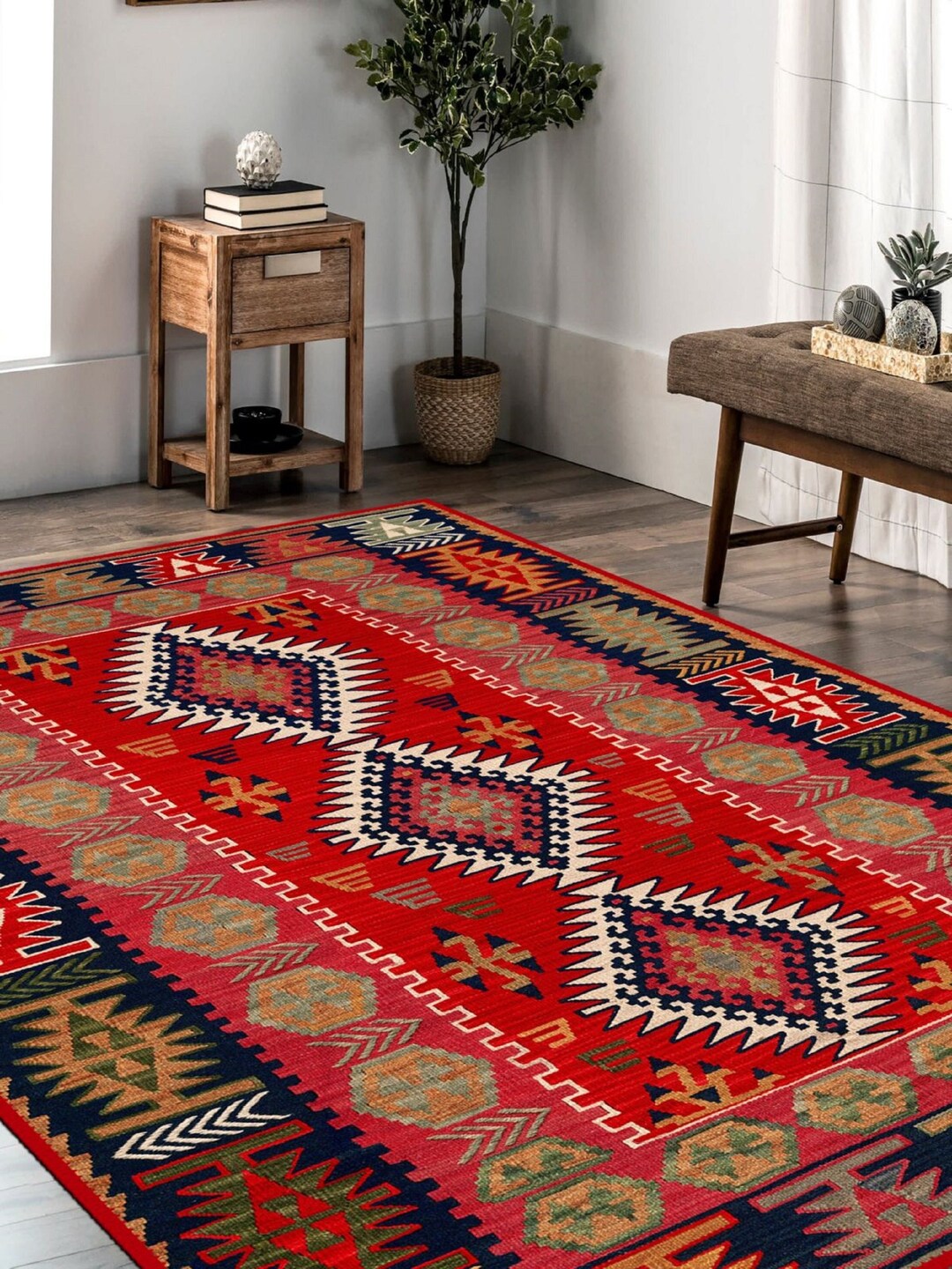 Bohemian-inspired Vintage Style Rug, Red Ethnic Kilim Rug, Durable and ...