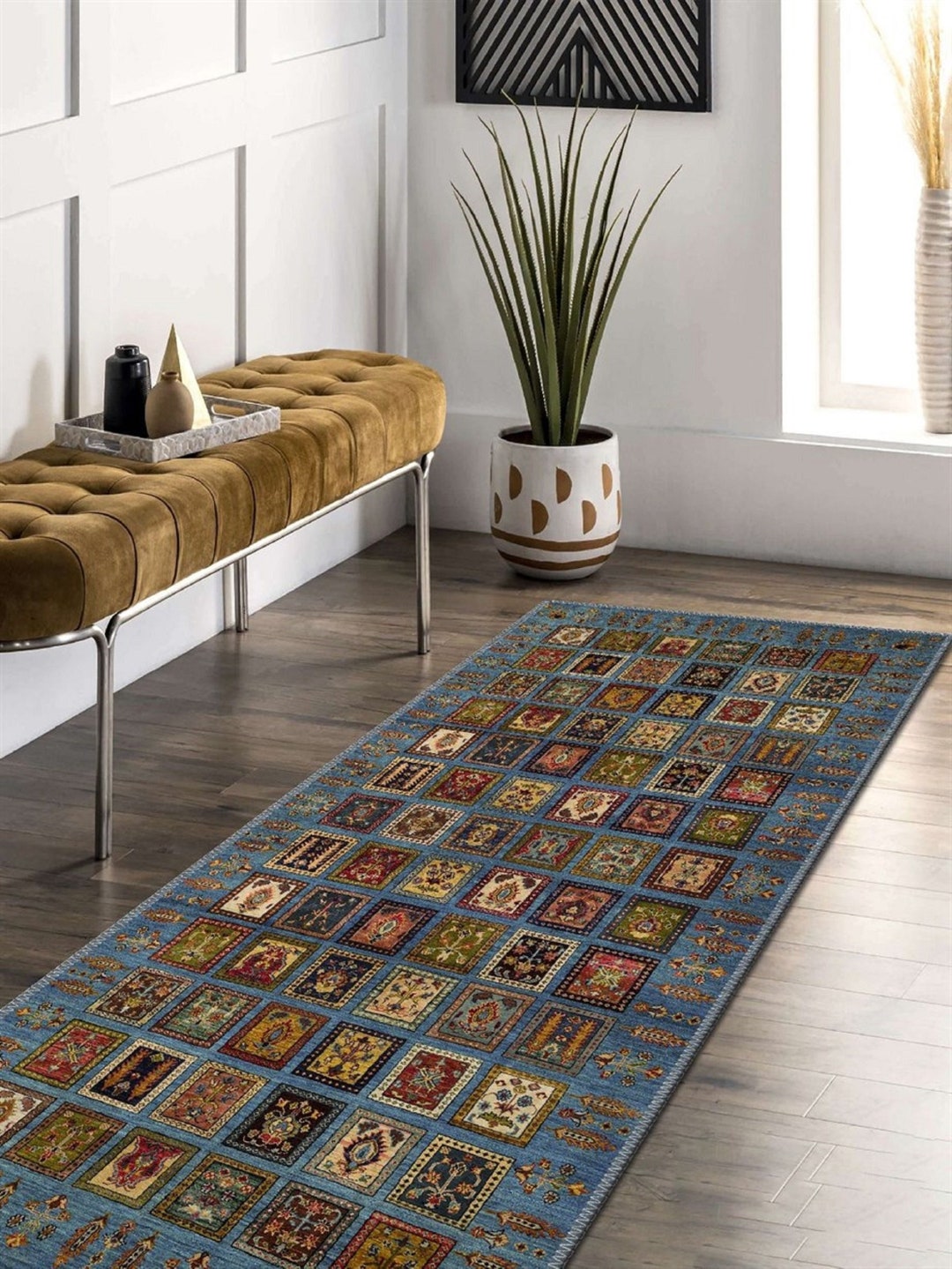 Blue Afghan Style Oriental Runner, Vintage Style Runner Rug, Washable ...