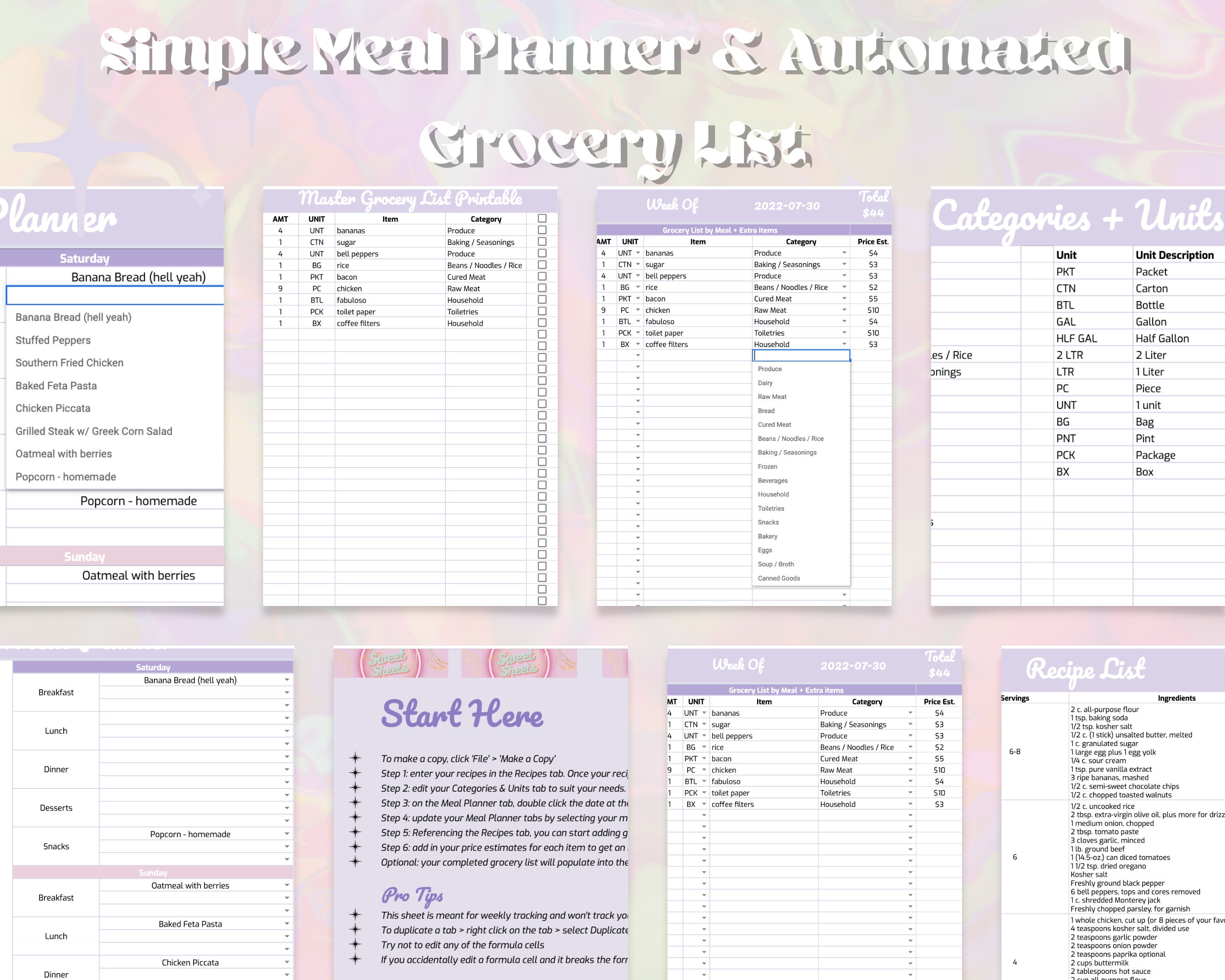 Meal Planner & Automated Grocery List Spreadsheet Template - Etsy