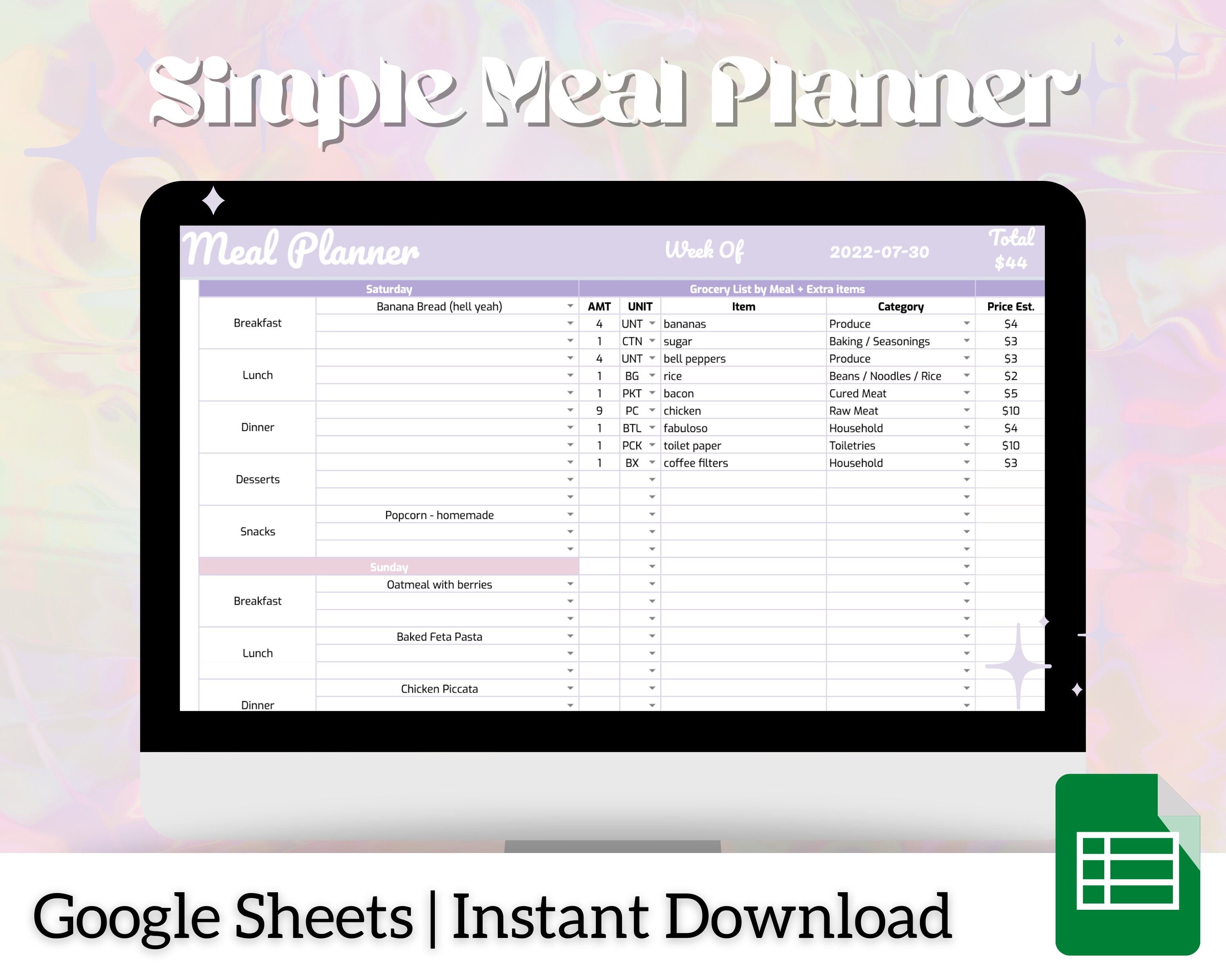 Meal Planner & Automated Grocery List Spreadsheet Template - Etsy