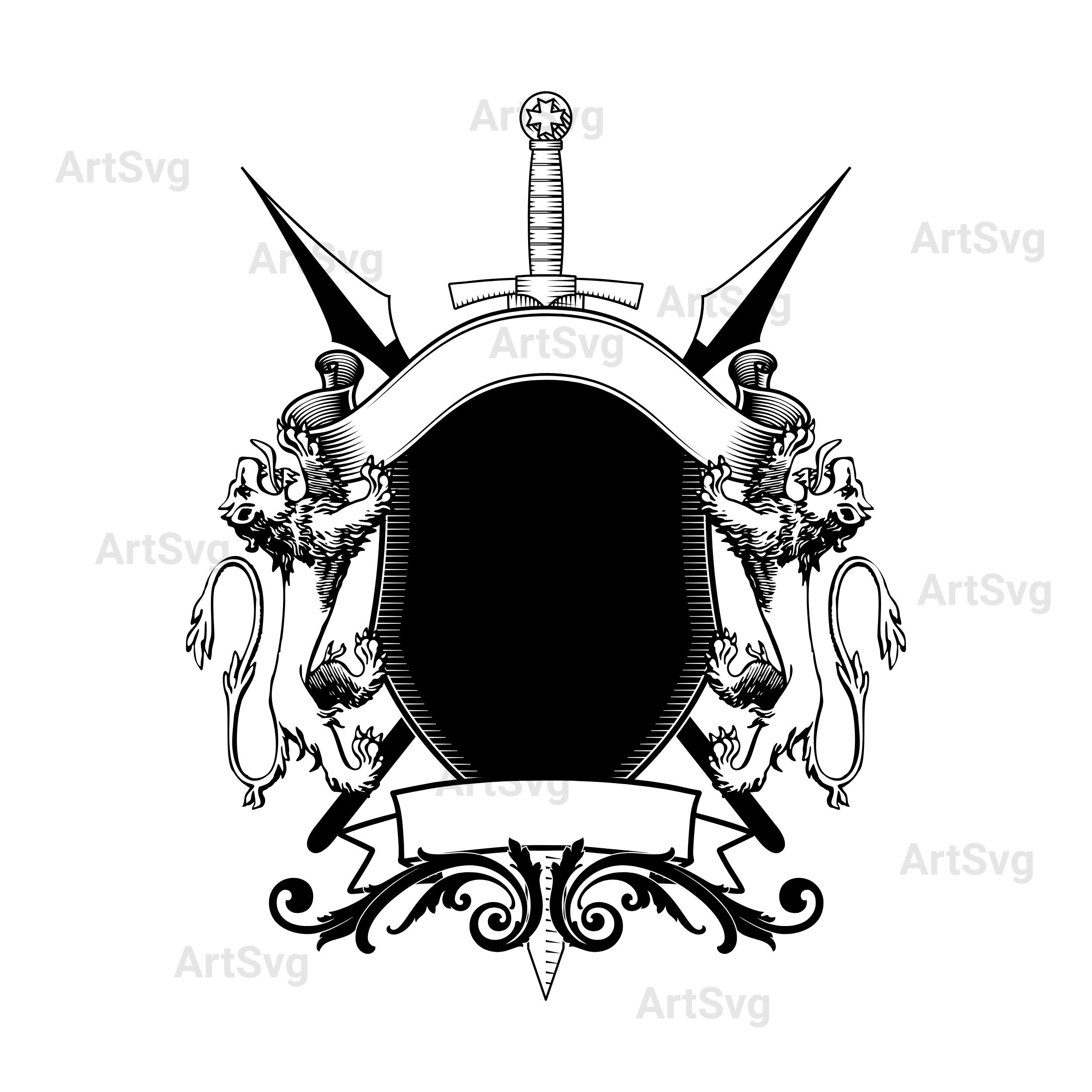 Shield With Lion, Crown, and Swords SVG. Family Crest Logo. Coat of ...