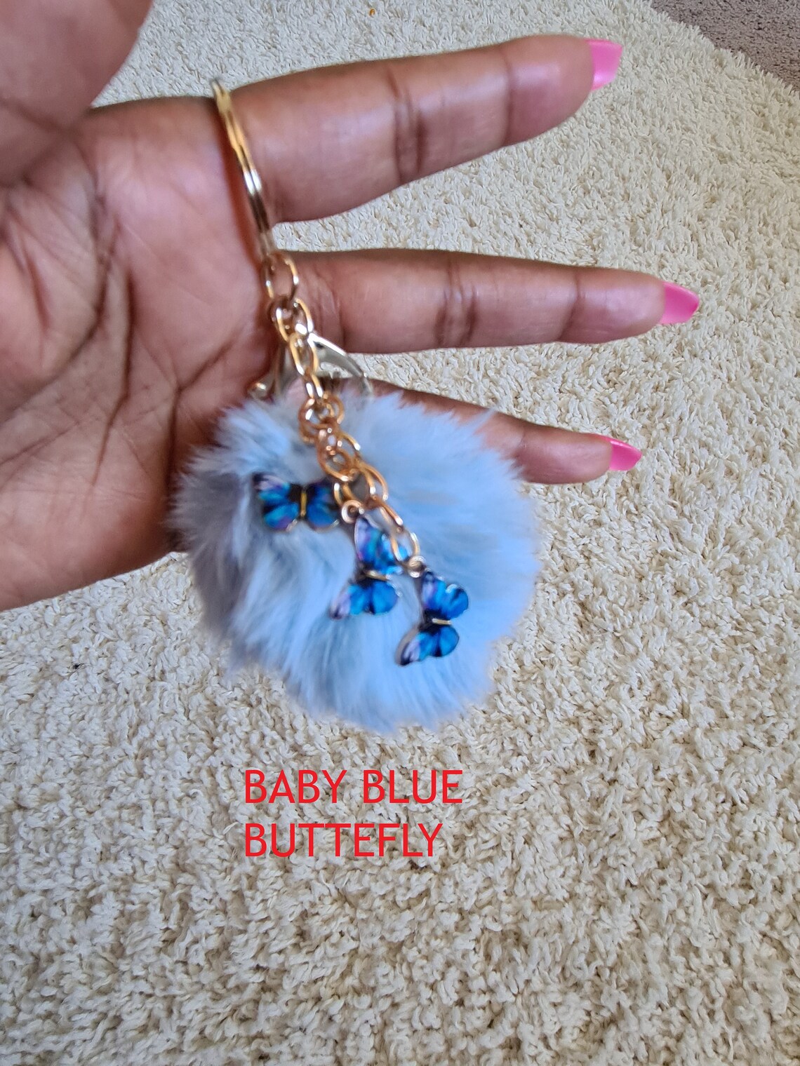 Puffball With Charms Keychain, Cute Fluffy Keychains , Gold Color, Faux ...