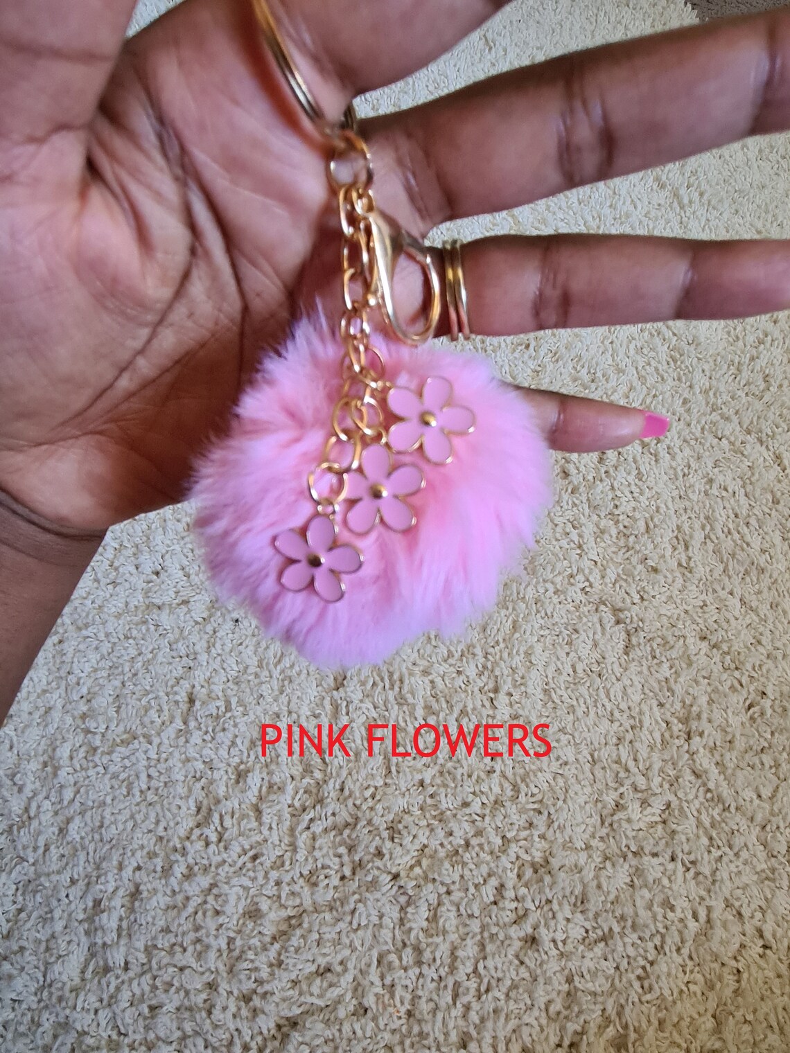 Puffball With Charms Keychain, Cute Fluffy Keychains , Gold Color, Faux ...