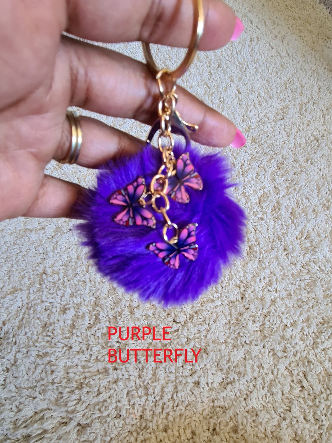 Puffball With Charms Keychain, Cute Fluffy Keychains , Gold Color, Faux ...