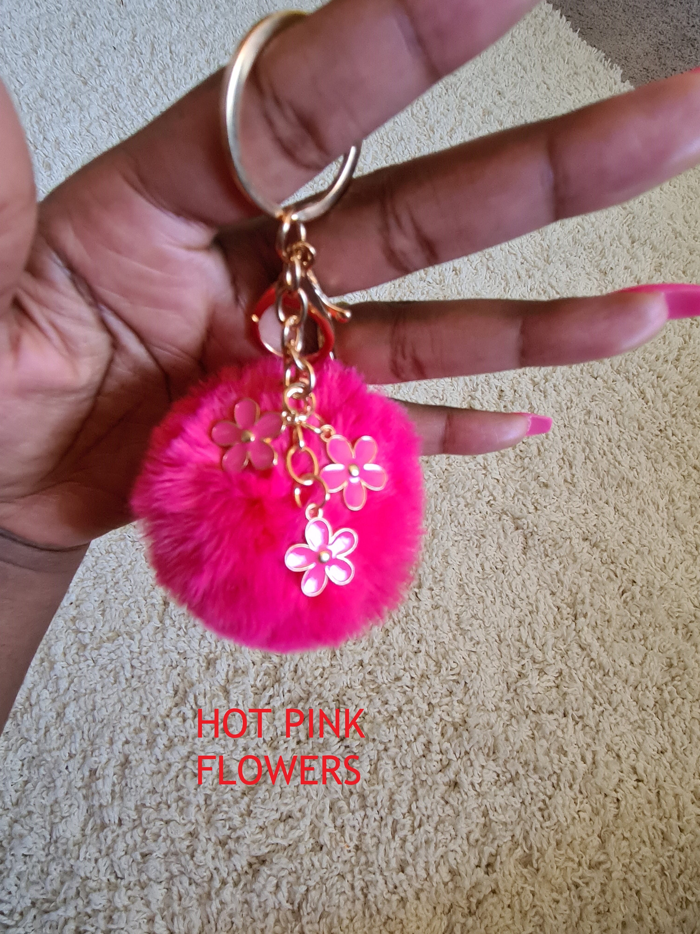Puffball With Charms Keychain, Cute Fluffy Keychains , Gold Color, Faux ...