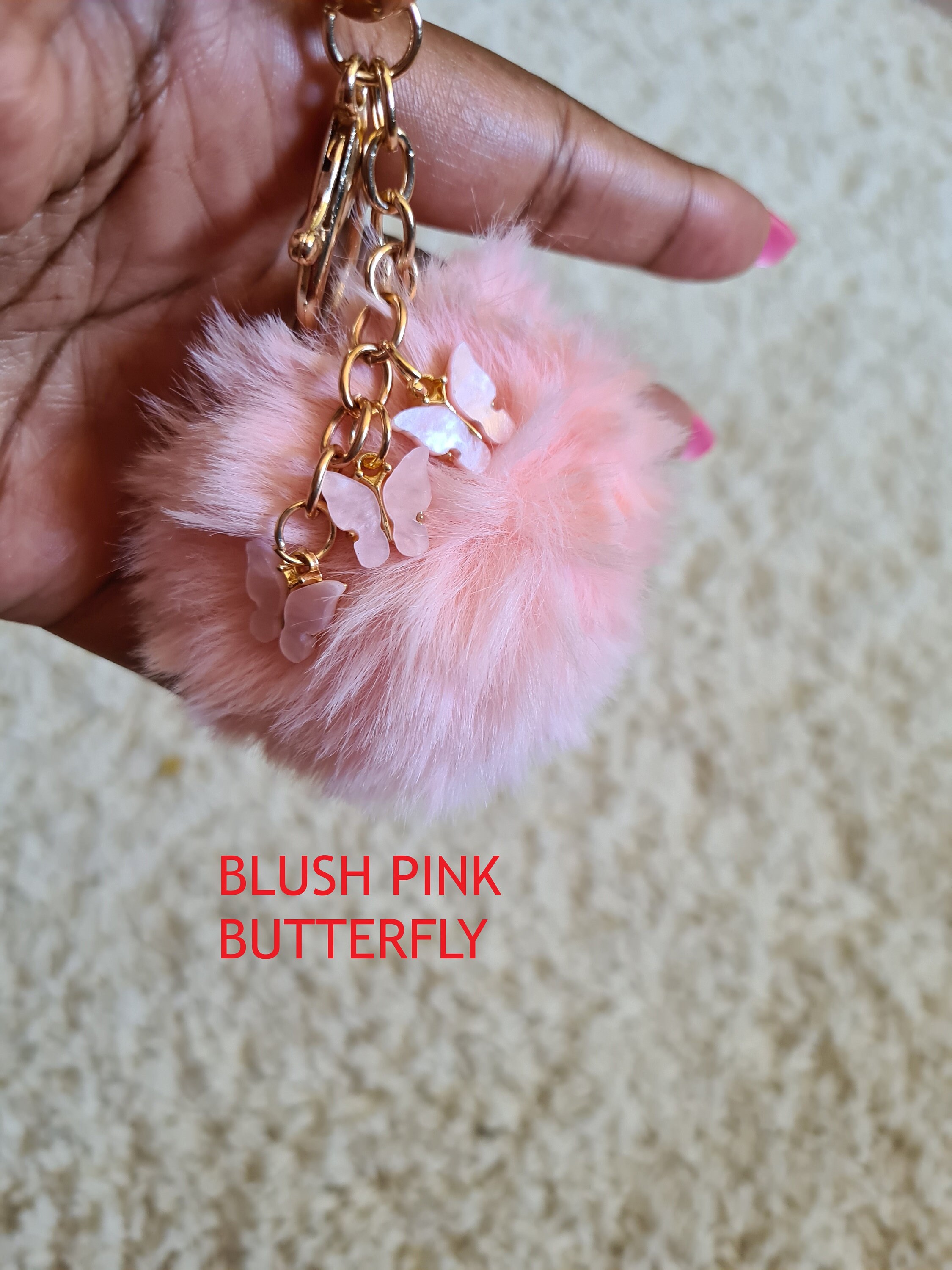 Puffball With Charms Keychain, Cute Fluffy Keychains , Gold Color, Faux ...
