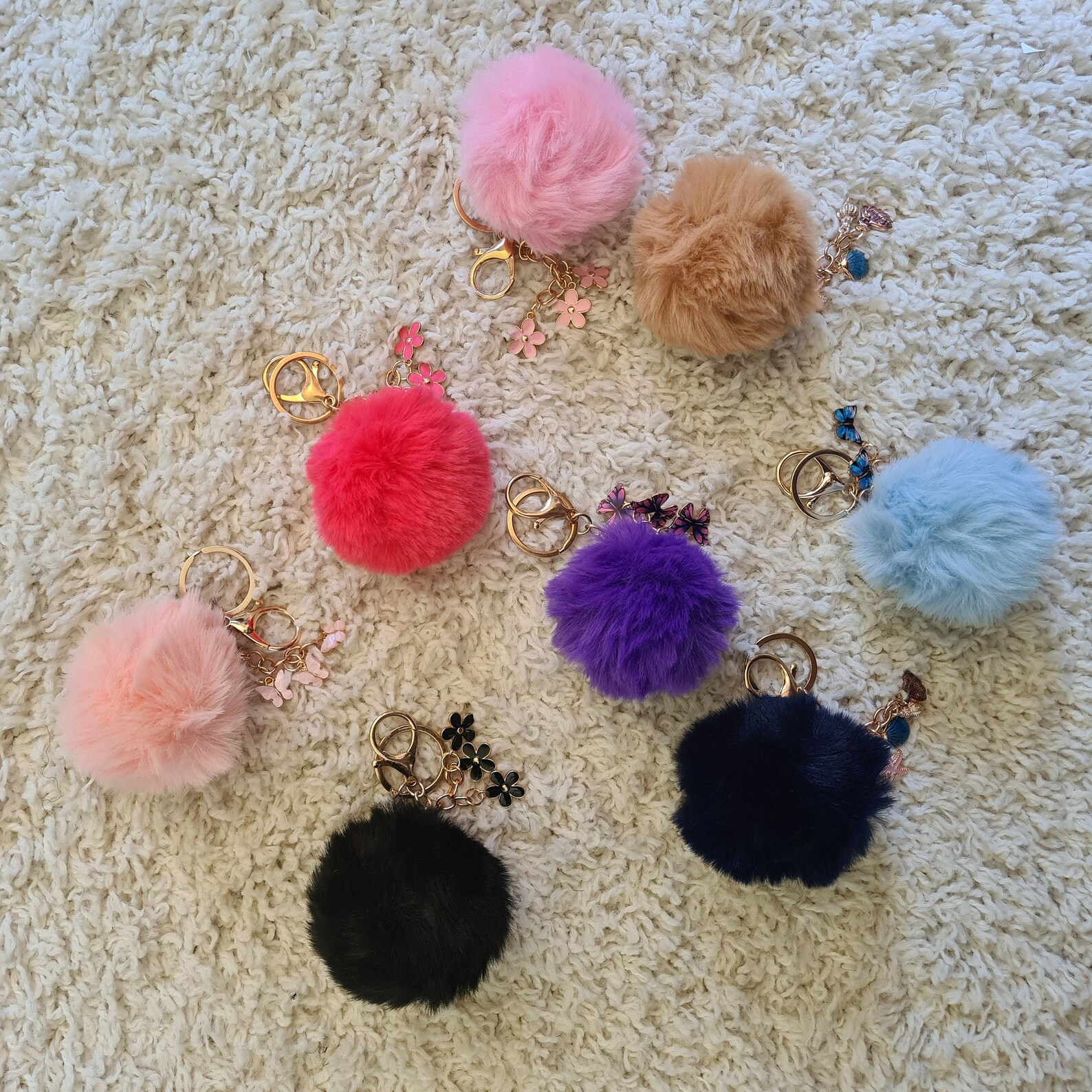 Puffball With Charms Keychain, Cute Fluffy Keychains , Gold Color, Faux ...