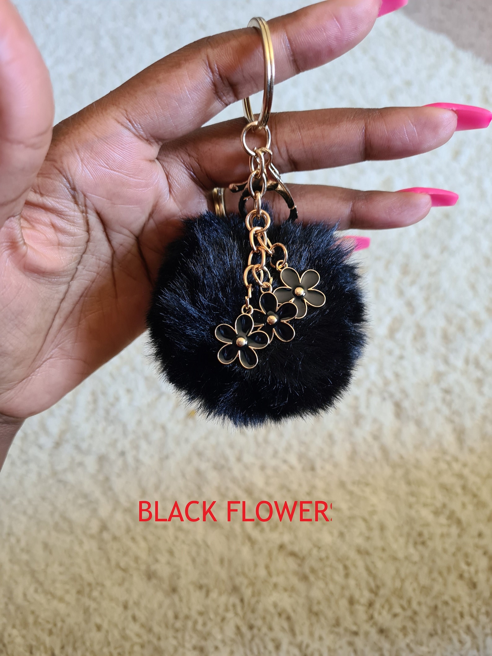 Puffball With Charms Keychain, Cute Fluffy Keychains , Gold Color, Faux ...