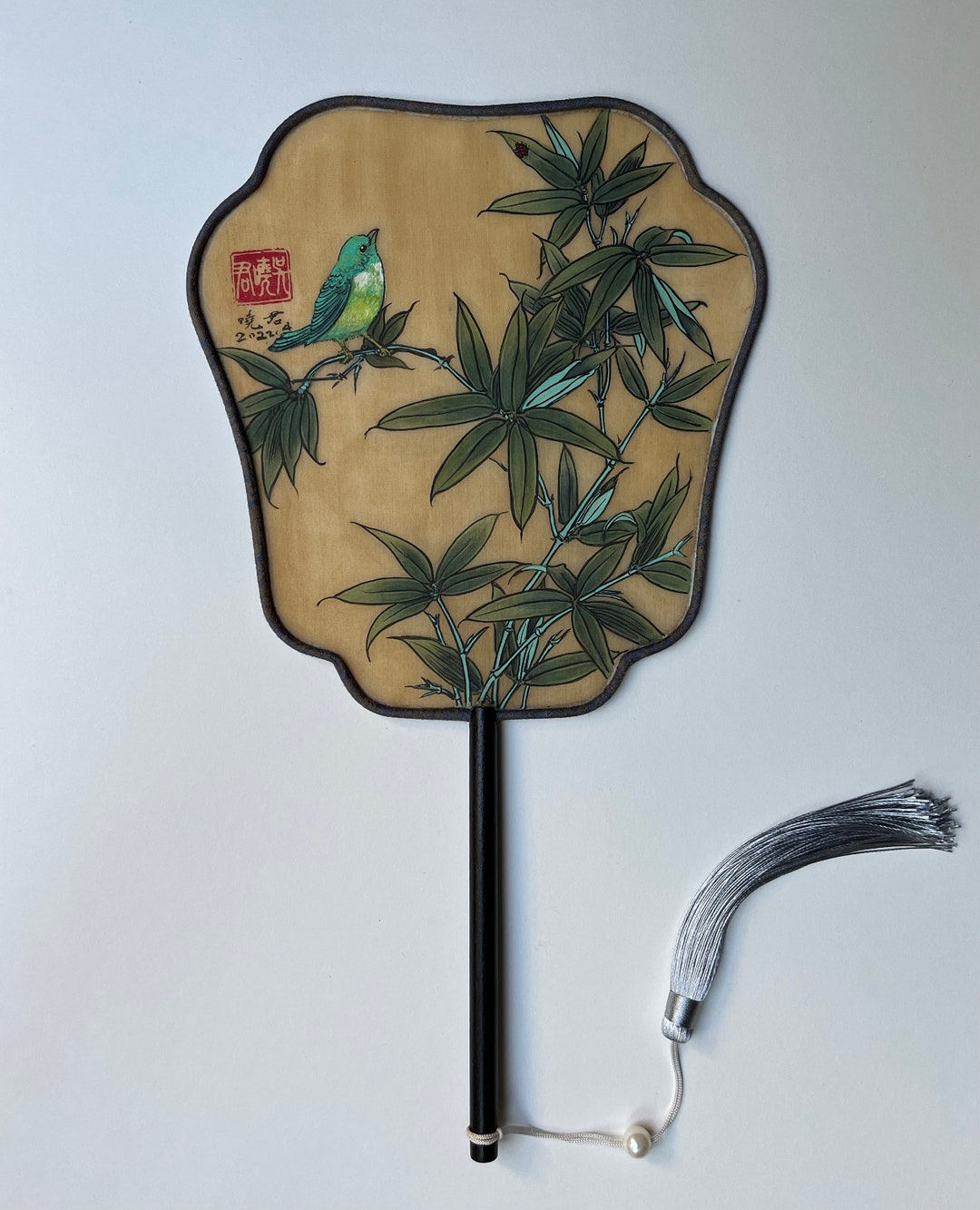 Original Chinese Traditional Hand-painted Fan, Watercolor, Green Bird ...