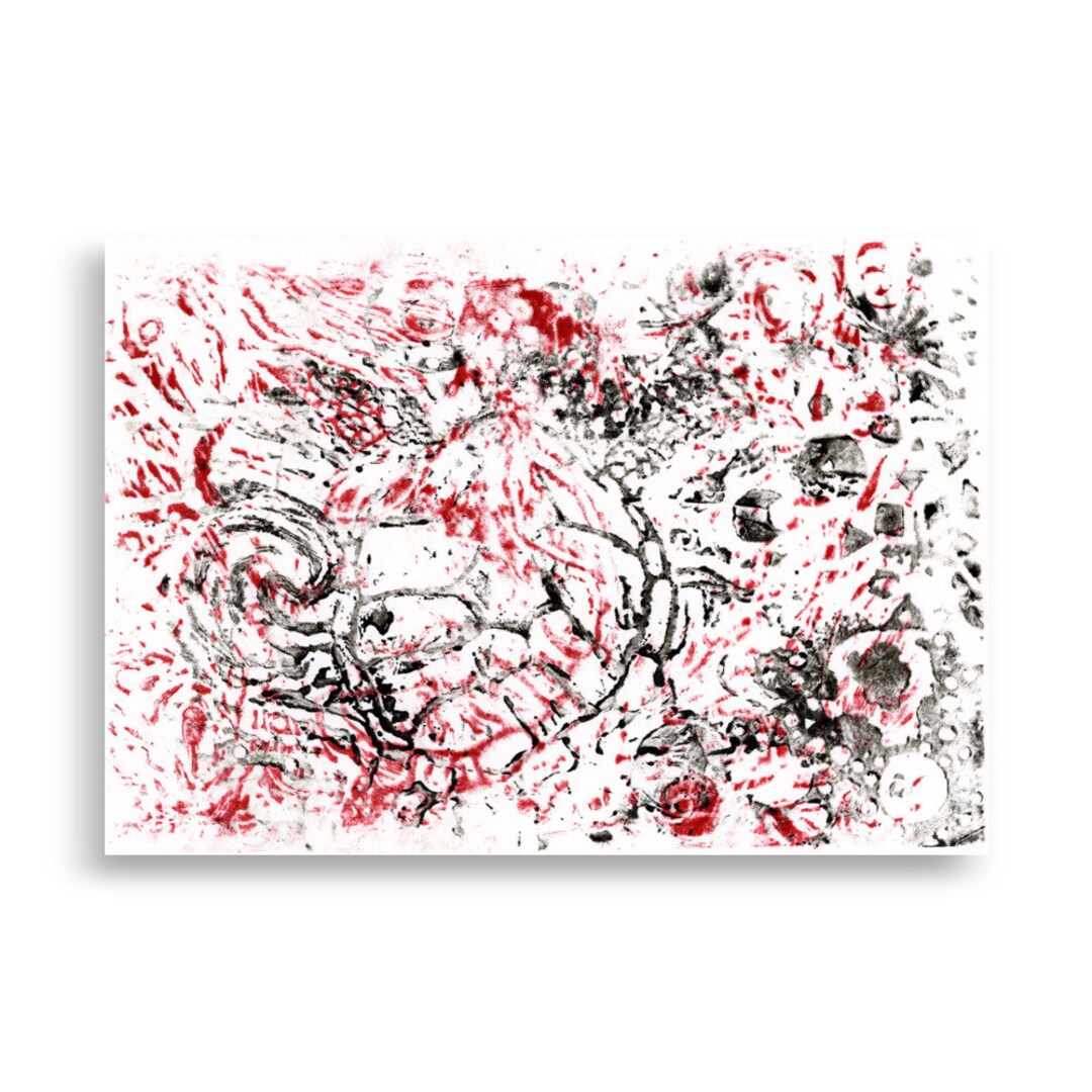 Abstract Expressionist Turtle Poster Handmade Linocut Black Red Color ...