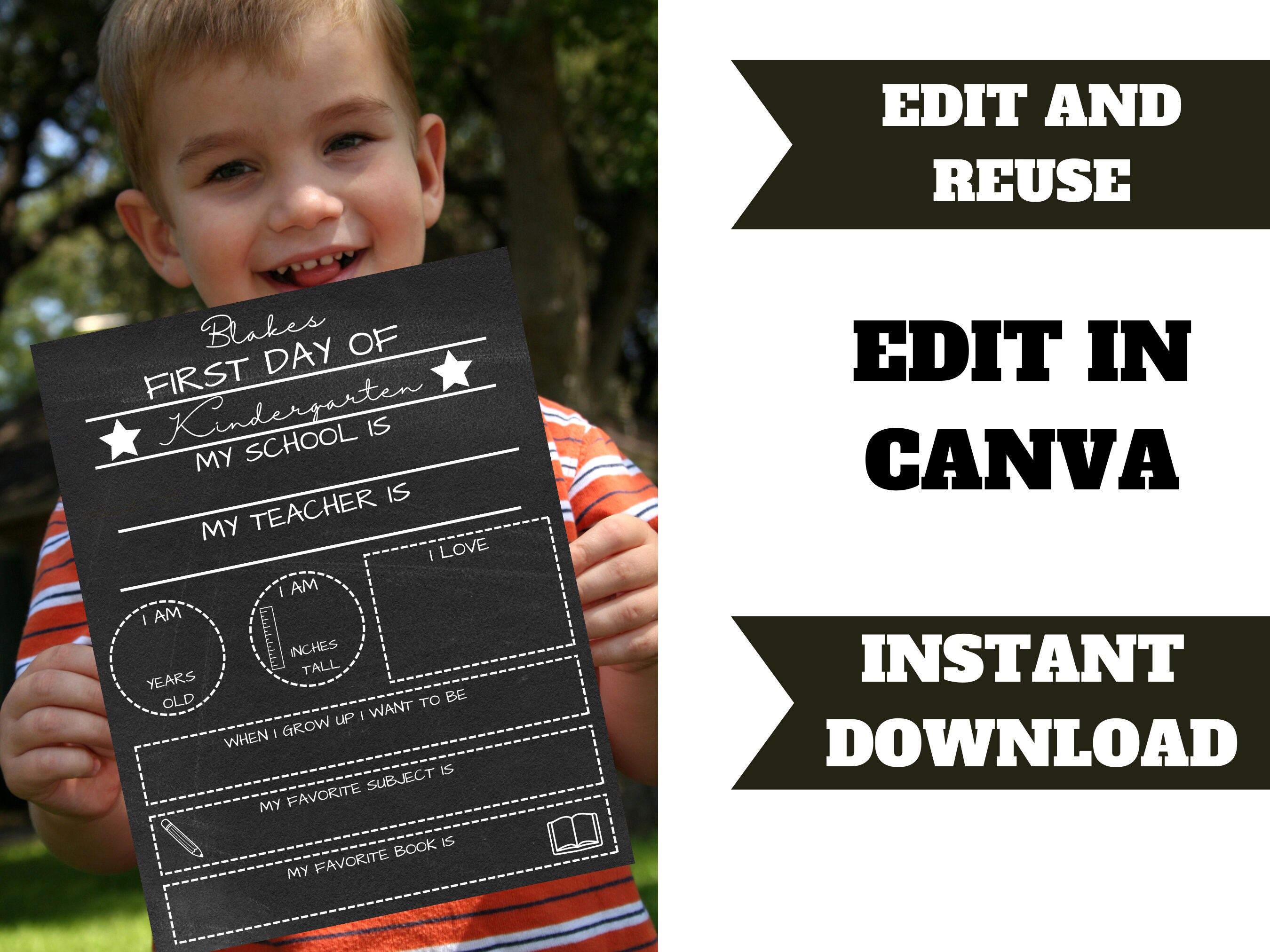 Back to School Chalkboard Sign| Kindergarten Sign| Canva Template|back ...