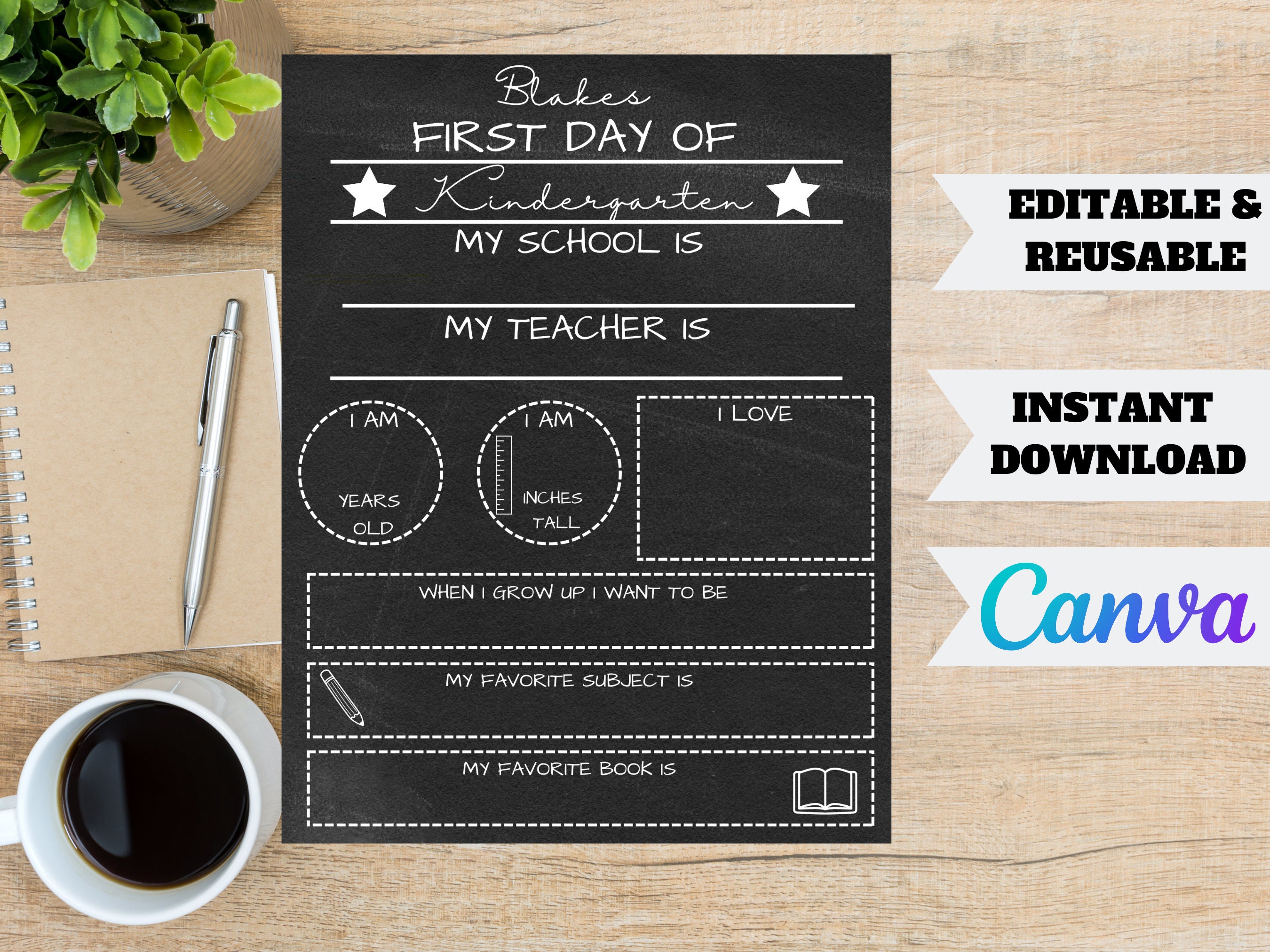 Back to School Chalkboard Sign| Kindergarten Sign| Canva Template|back ...