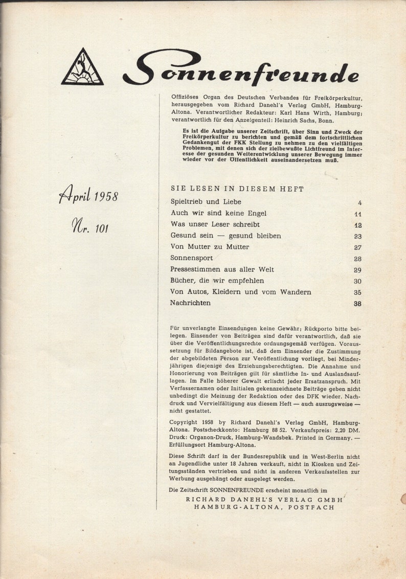 Sonnenfreunde N101 FKK Magazine Magazine Issue Free Body Culture Nudism ...