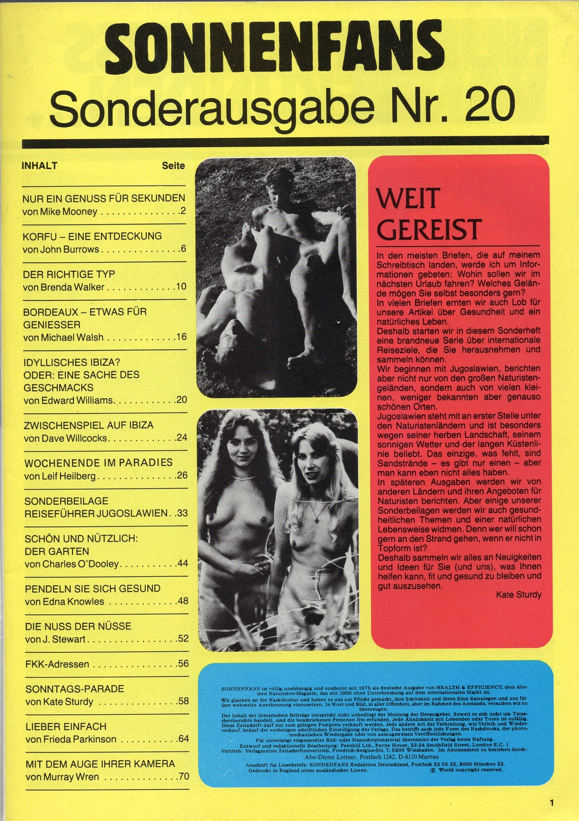 Sonnenfans Special Issue 1984 N20 Naturist Magazine Magazine Etsy Uk
