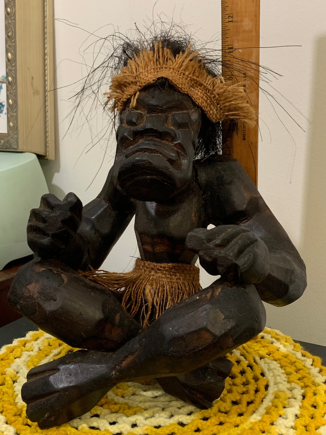 African / Indonesian Hand Carved Wood Cross Legged Tribal 12 Inch ...