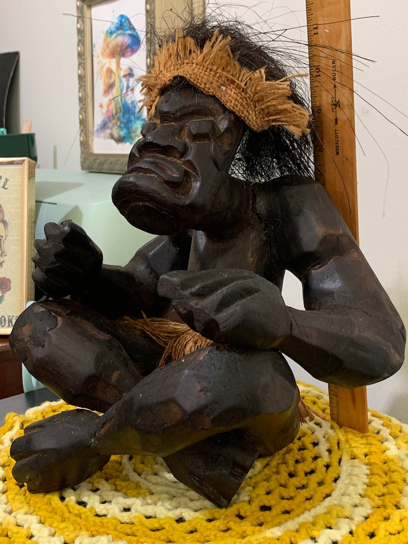 African / Indonesian Hand Carved Wood Cross Legged Tribal 12 Inch ...