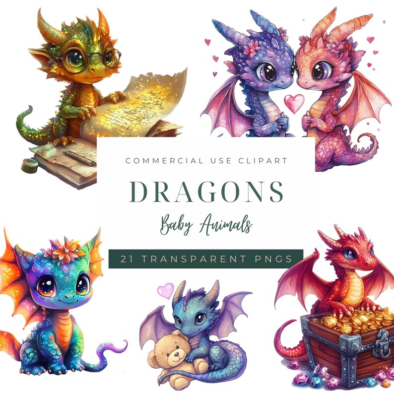 Baby Dragons Watercolor Clipart | Cute Fantasy Dragon Pngs for Nursery ...