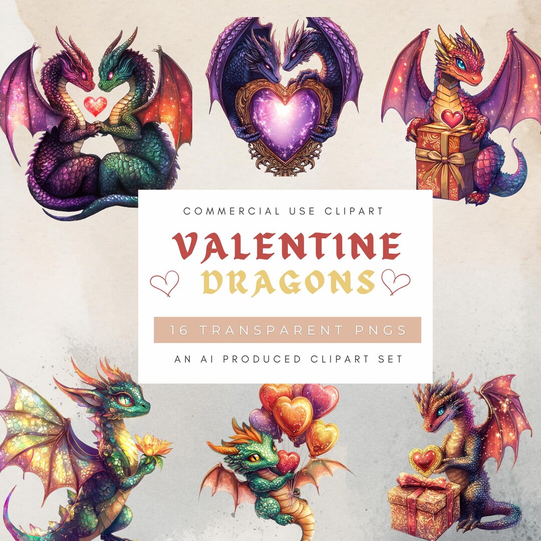 Valentine Dragons Watercolor Clipart | Cute Fantasy Dragon Pngs for ...