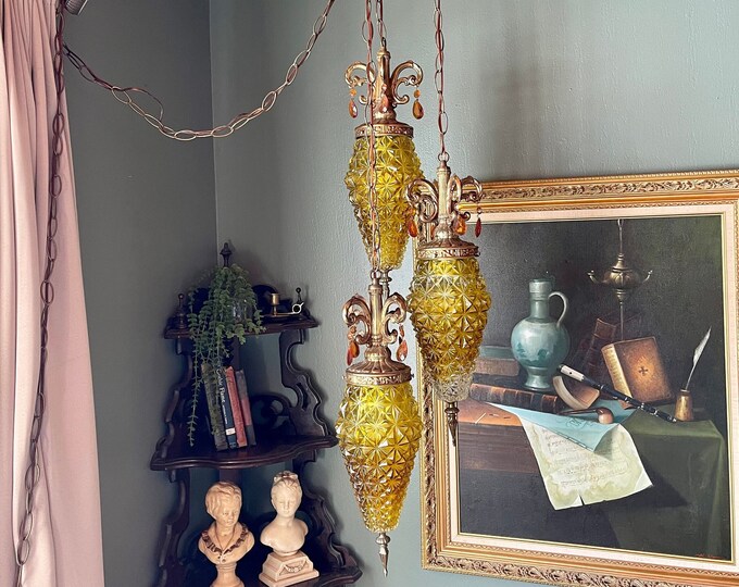 Vintage MCM Amber Triple Pineapple Glass Hanging Swag Light, Hanging ...
