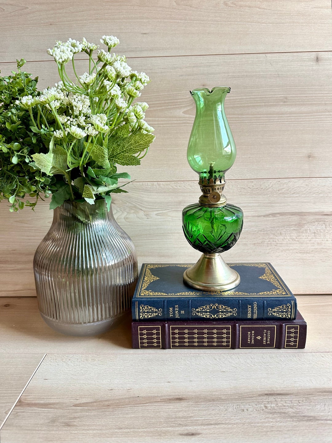Vintage Oil Lamp, Small Green Glass Oil Lamp - Etsy