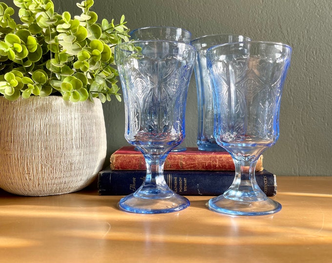 Vintage Blue Depression Glass Goblets Indiana Glass Madrid