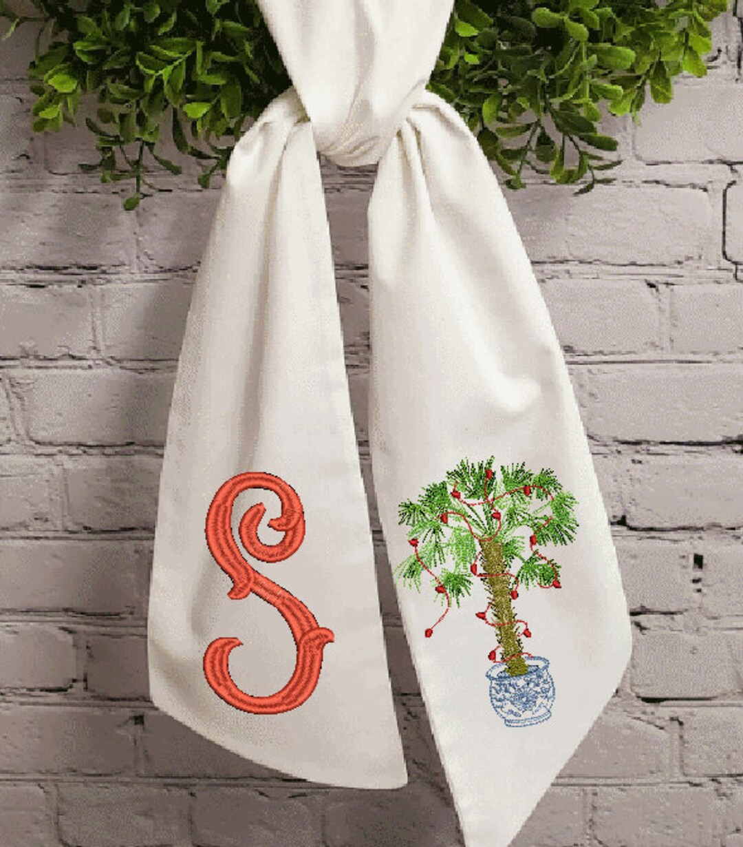 White Wreath Sash With Christmas Palm Tree Embroidery Design and ...