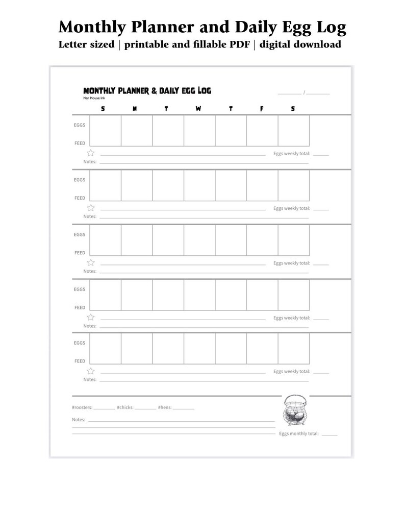Monthly Planner + Daily Egg Log (digital Download) - Etsy