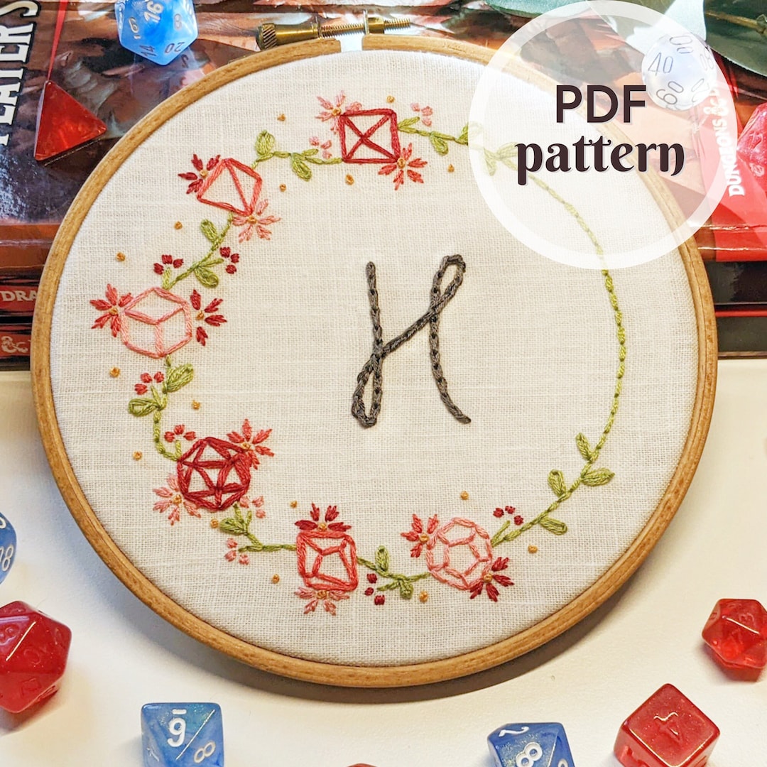 Dice Floral Wreath Monogram, Dnd Polyhedral Dice - Embroidery Pattern ...