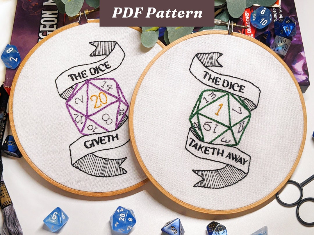 DND Hand Embroidery Pattern, Two D20 Dice Designs, Dungeons and Dragons ...