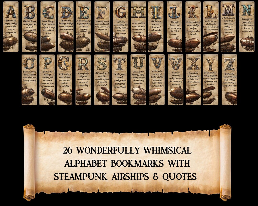 Steampunk Ephemera 26 Letter Bookmarks | Steampunk Airships | Bookmarks ...