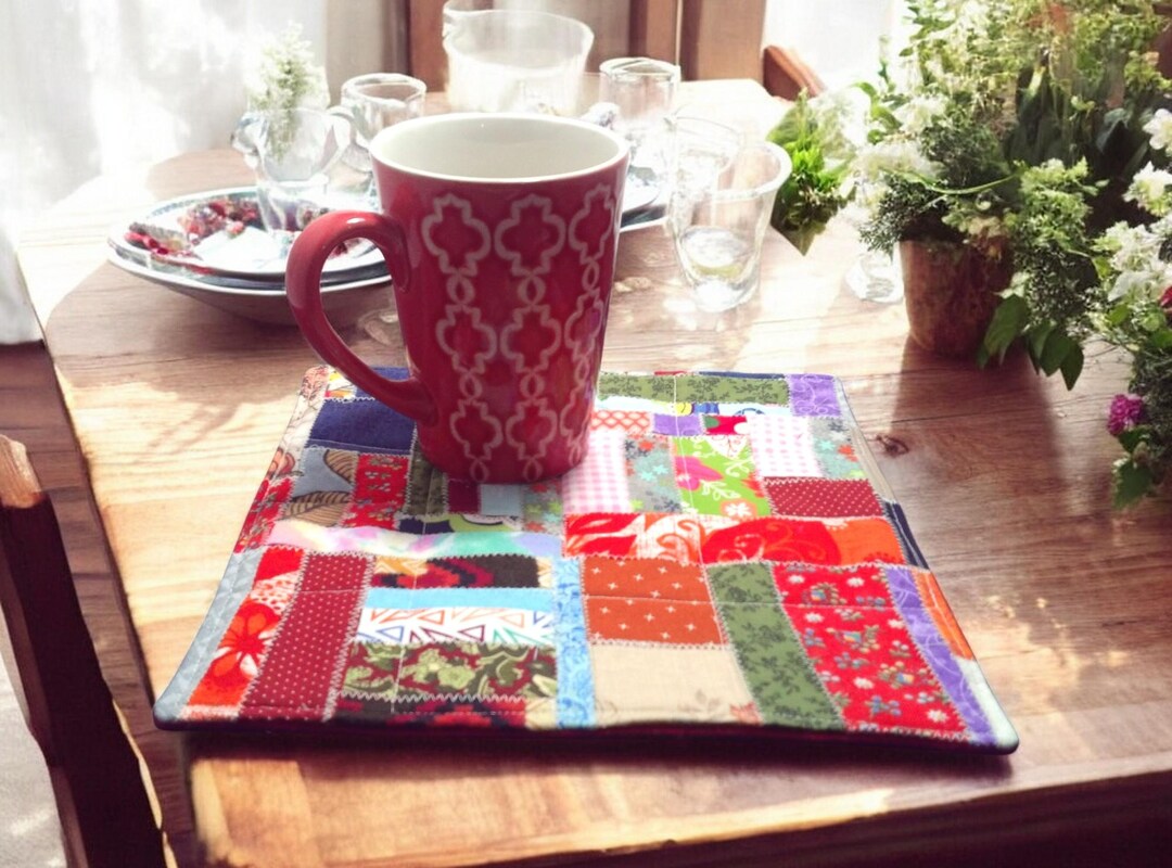 Handmade Scrappy Crazy Quilted Mug Rug | 10 X 10 Inch Placemat Gift ...