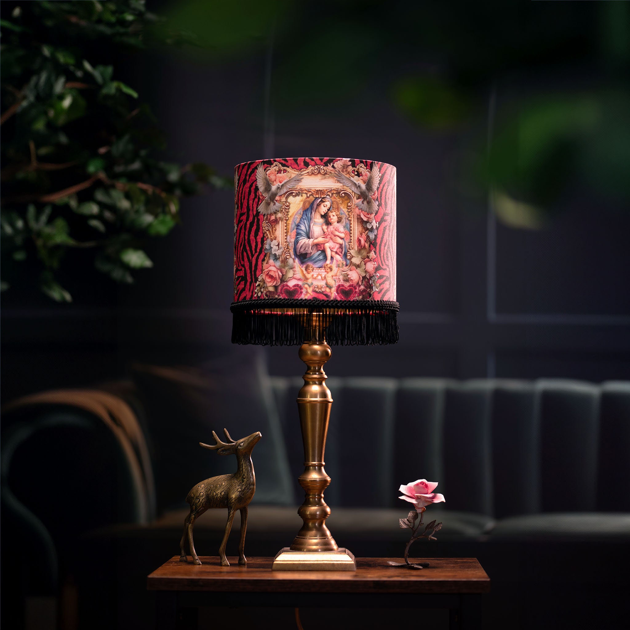 Handmade Kitsch Virgin Mary Maximalist Fringed Lampshade Featuring an ...