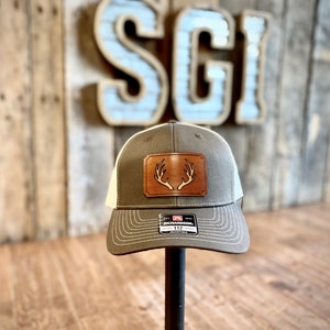 Deer Antlers 2 Tone Leather Patch Hat, Laser Engraved, Richardson 112 ...