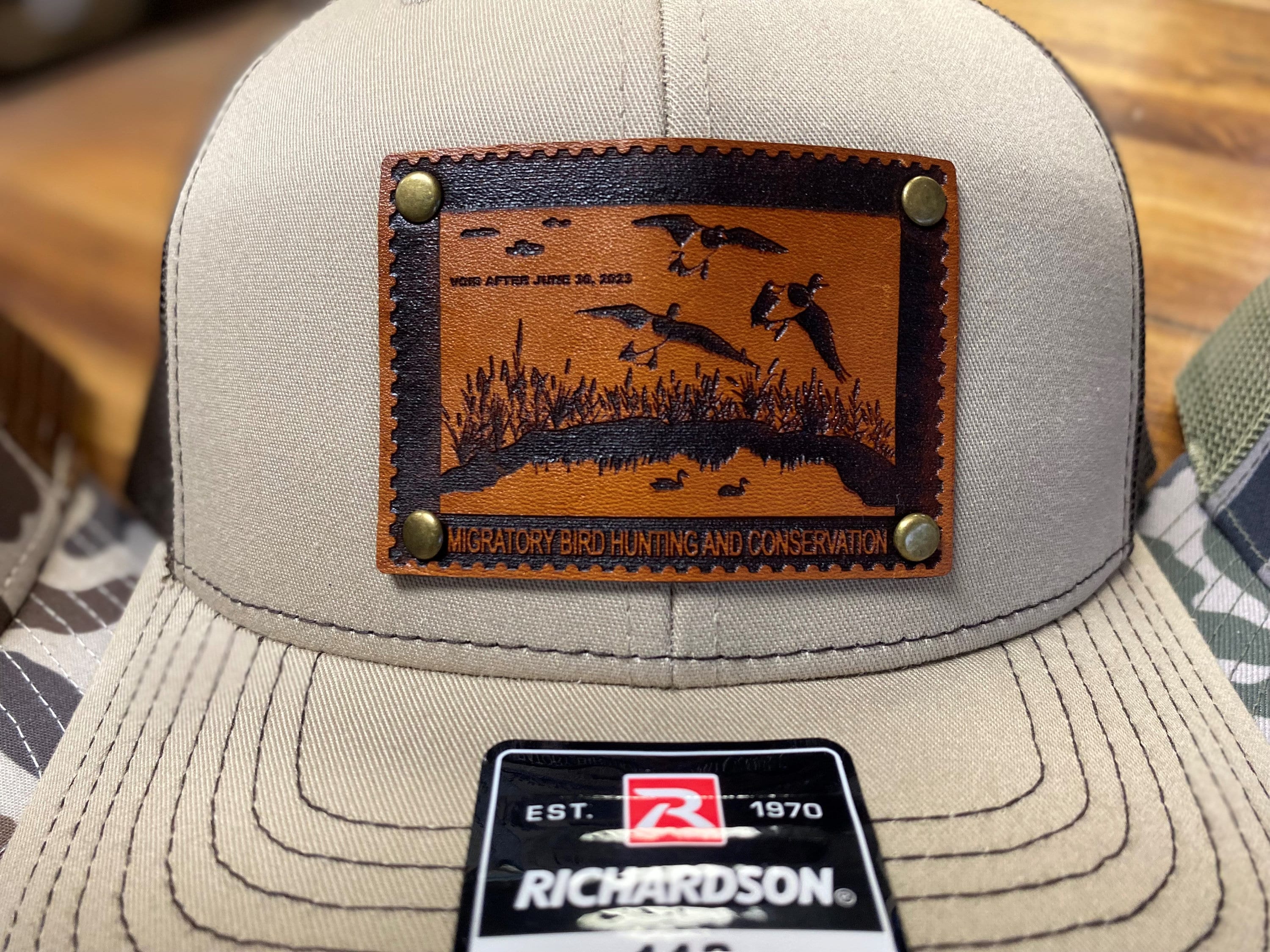 Duck Stamp With Rivets Leather Patch Hat, Laser Engraved, Old Duck Camo ...