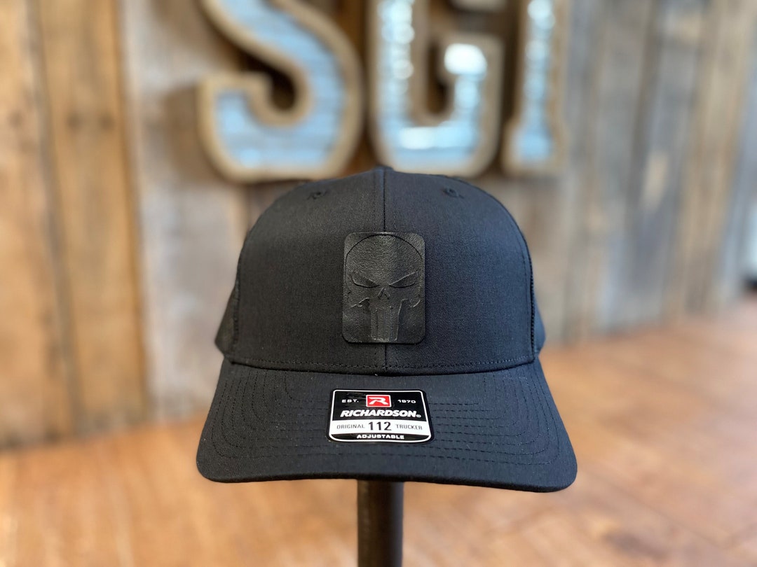 Blacked Out Punisher Leather Patch Hat on A, Richardson 112 Snapback, Trucker Hat - Etsy