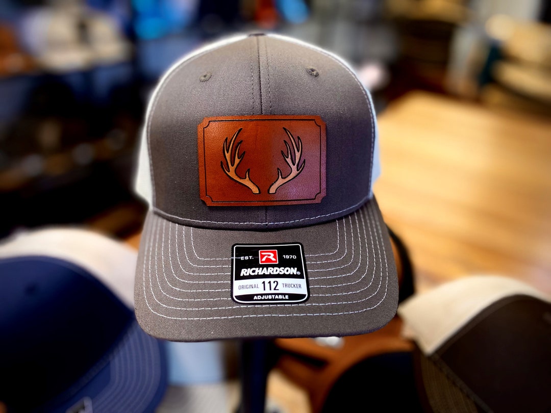 Deer Antlers 2 Tone Leather Patch Hat, Laser Engraved, Richardson 112 ...